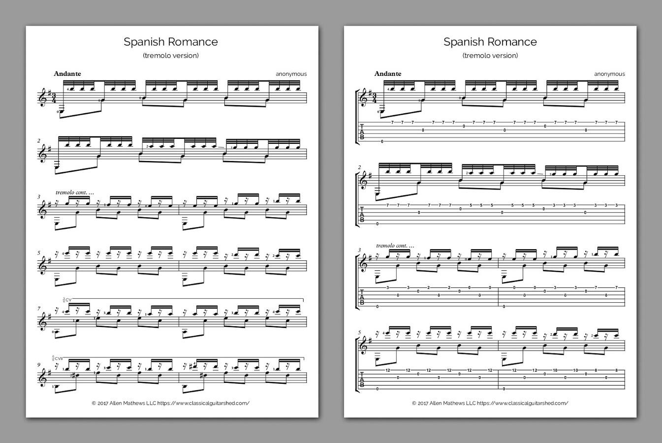Free Guitar PDF w/TABs: Romanza (Romance) tremolo version